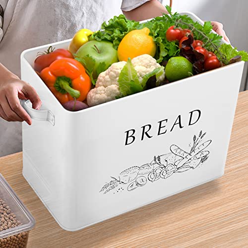 TeamFar Bread Box with Wooden Lid, 13.1β x 7.2β x 9.7β Metal Bread Container Storage Holder for Family Farmhouse Kitchen Countertop, Powder-Coated & Healthy, Large Capacity & Classic Pattern (White)