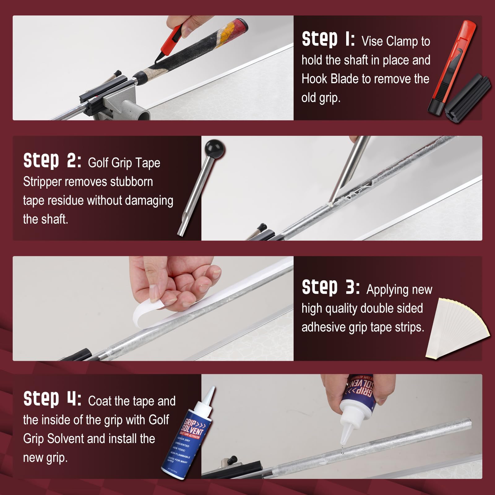 LZFAN Golf Grip Kits for Regripping Golf Clubs - Professional Quality - Options Include Hook Blade, 15 Tape Strips, 4 oz Grip Solvent & Rubber Vise Clamp