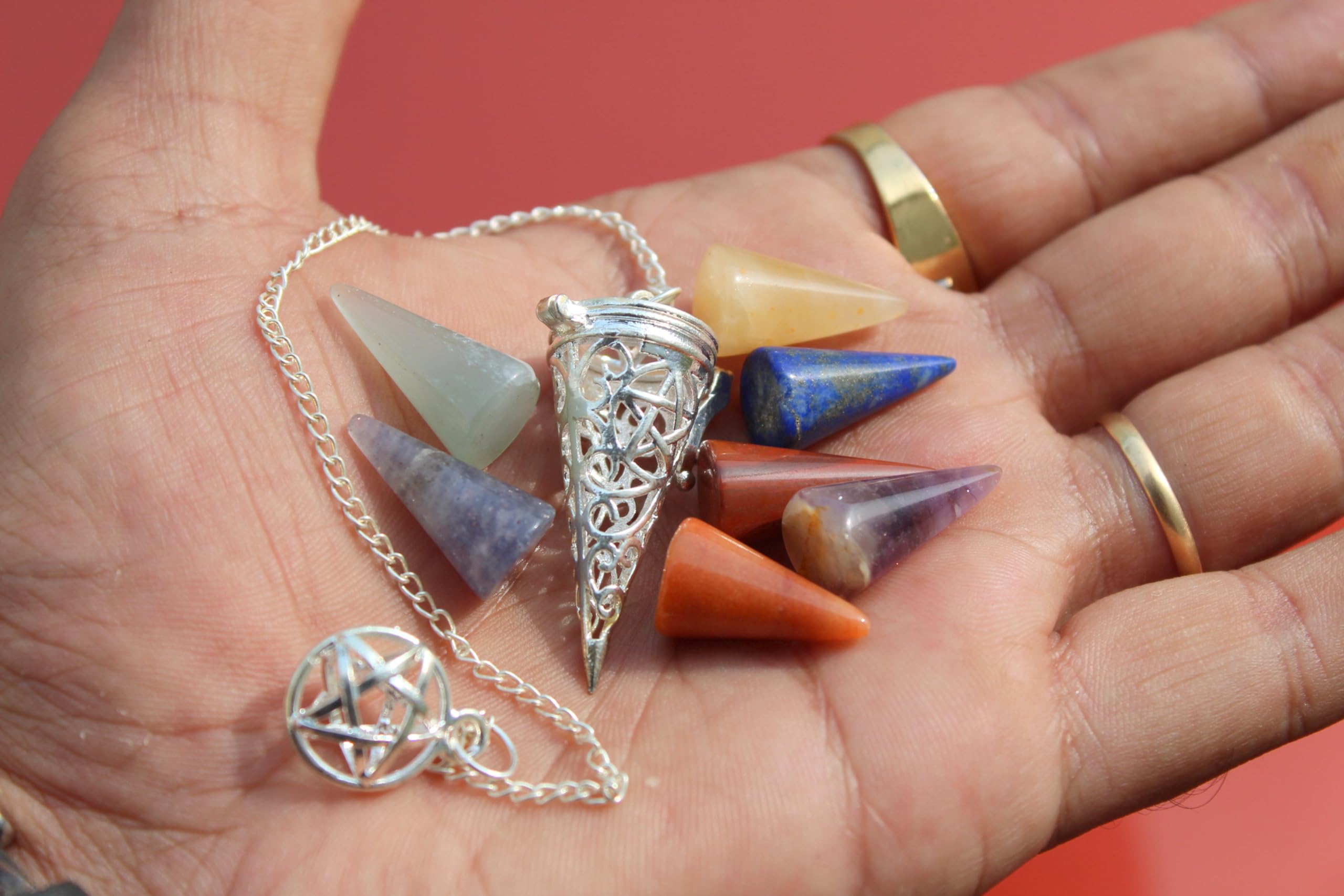 Jet International Jet Chakra Cage Pendulum 2" Free Booklet Crystal Therapy Interchangeable Chakra Cone Silver w/Pouch Divination Wicca Yes/No Pagan (Pentacle Star)