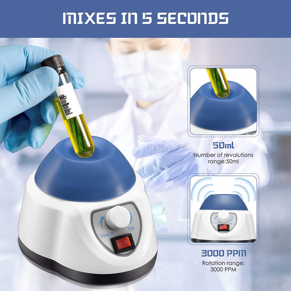 Test Tube Shaker 3000rpm Scientific Lab Mini Vortex Mixer, with Speed Control Function for Small Quickly and Evenly Mix Test Tubes Up to 50mL