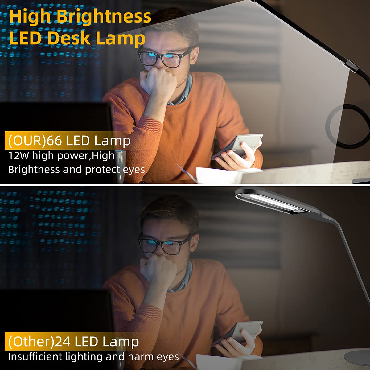LIBORA LED Desk Lamp with Clamp, Eye-Caring Reading Light with USB Adapter, 3 Modes 10 Brightness, Long Flexible Gooseneck, Architect Task Lamp, Memory Function, Clip on Lamps for Home Office, Black