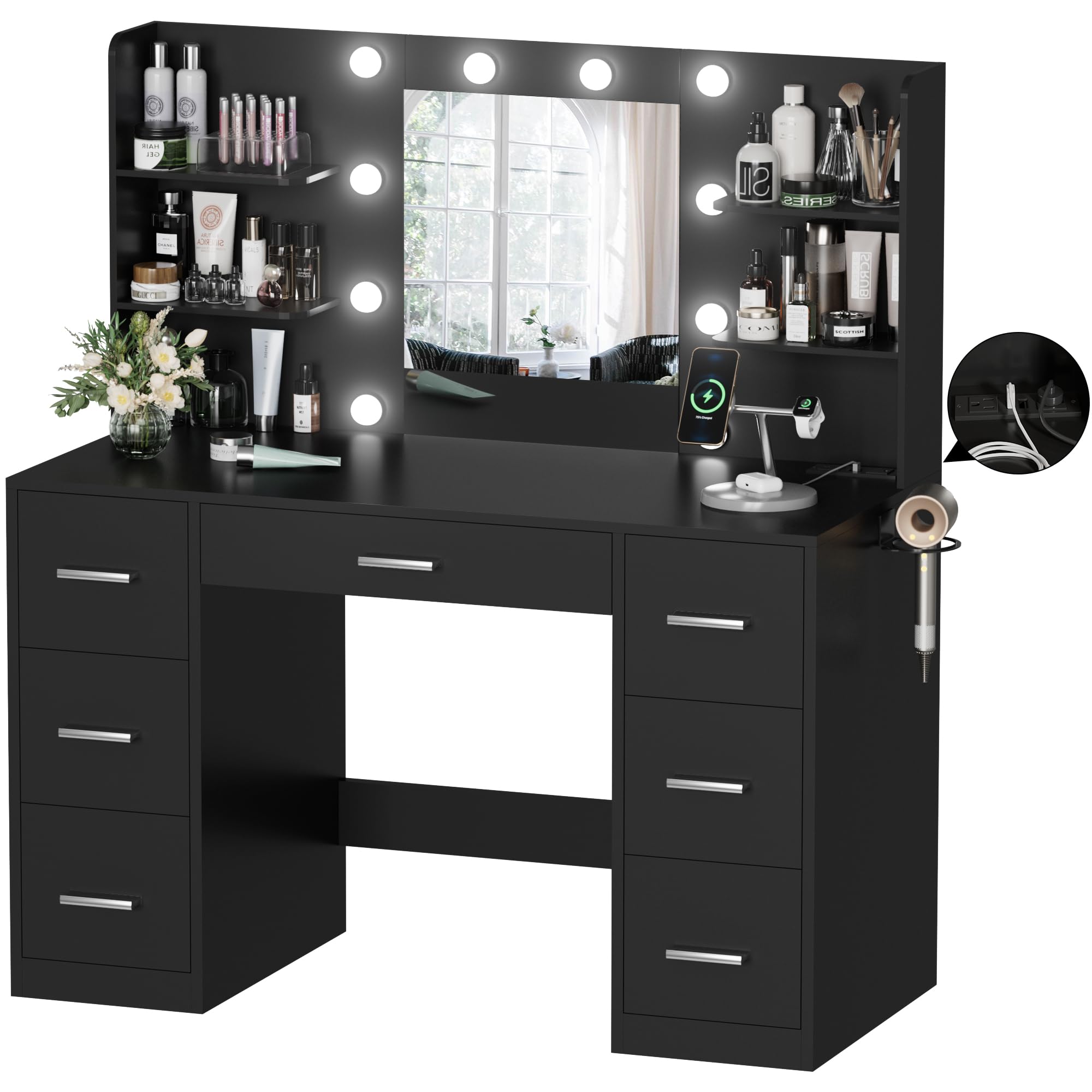 YESHOMY Vanity Desk with Mirror, Makeup Table with 2 Large Drawers, Power Outlet and Round Holder, 3 Color Modes Adjustable Bulb, Bench Included, White
