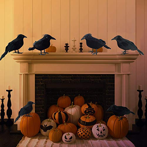 Realistic Crow, 6 PCS Halloween Black Feathered Crow Decoys Ravens Outdoor Halloween Decorations Props Décor, Standing Flying Birds for Tree Haunted House Graveyard Tombstone Display
