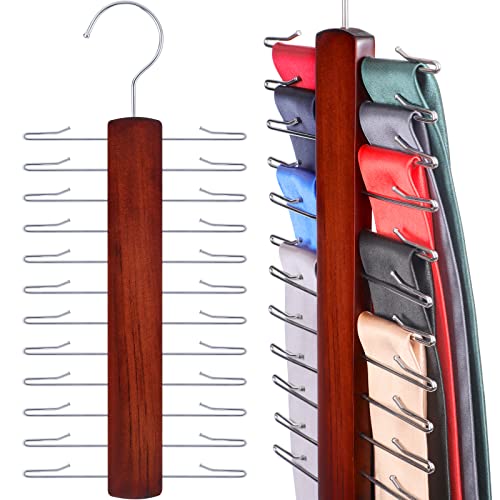 Sawysine 2 Pack Wooden Tie Rack Tie Hangers for Men 24 Hooks Tie and Belt Hangers 360 Degree Swivel Tie Organizer Closet Ties Belts Scarf Accessories (Brown)
