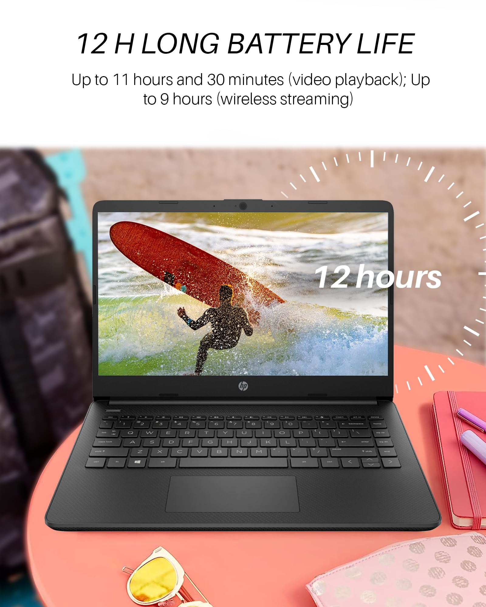 HP 2023 Newest 14 Inch Laptop Students Business, Intel Quad-Core Processor, 16GB RAM, 320GB Storage(64GB eMMC+256GB Micro SD), 12H Battery Life, Webcam, HDMI, WiFi, Win 11 S, Bundle with JAWFOAL
