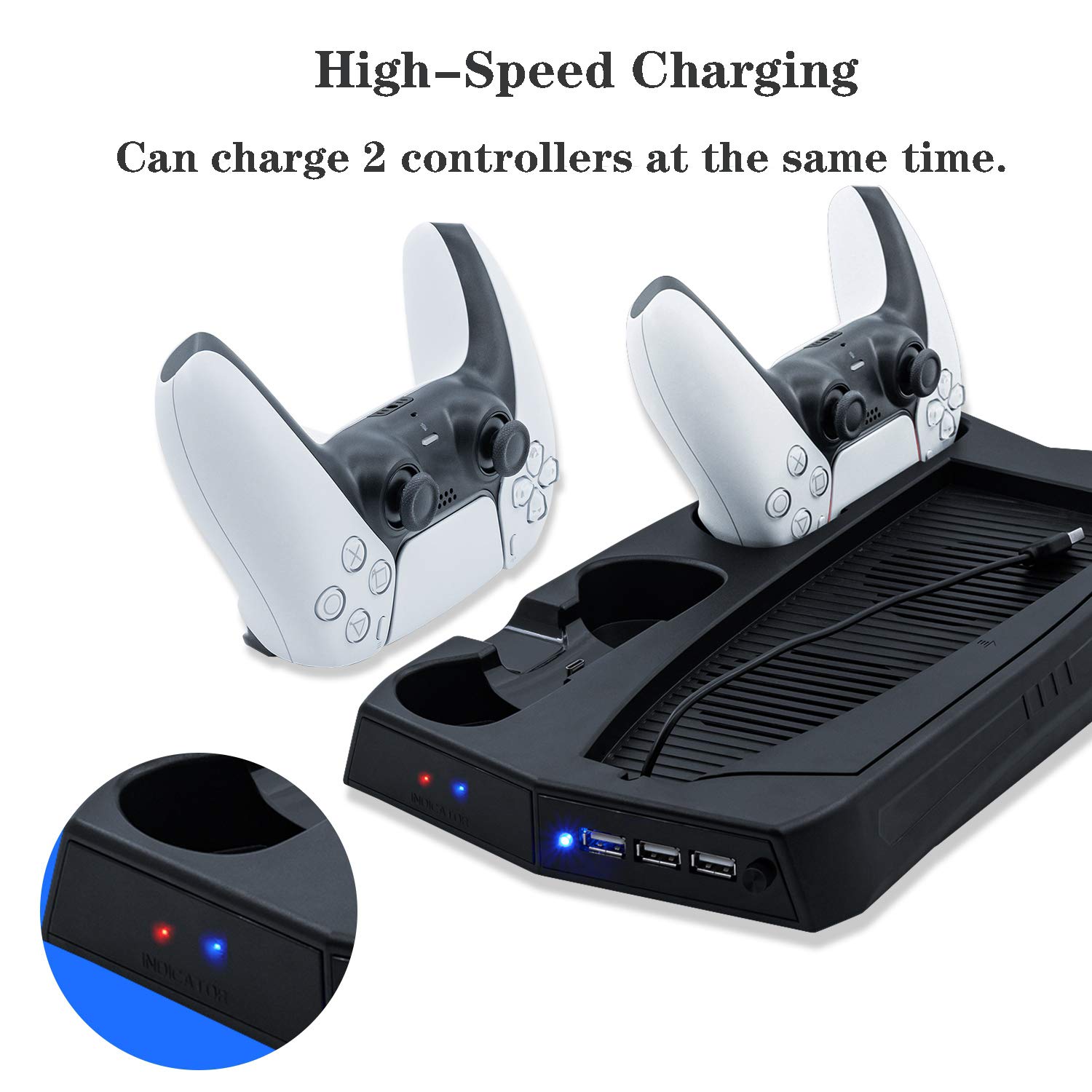 KJH-P5-010-2 PS5 Cooling Fan Station and Dual Controller Charger Station for Playstation 5 PS5 Console, LED Indicator + 16 Game Storage disc Holders, 3 USB Ports