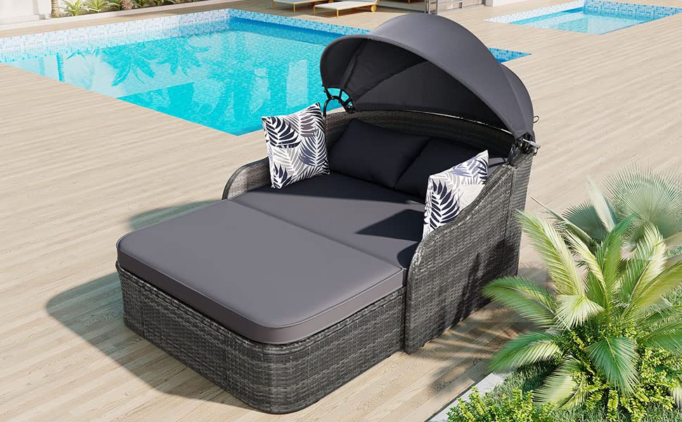 Harper & Bright Designs 79.9" Outdoor Sunbed with Adjustable Canopy, Double Lounge, PE Rattan Daybed, White Wicker, Gray Cushion