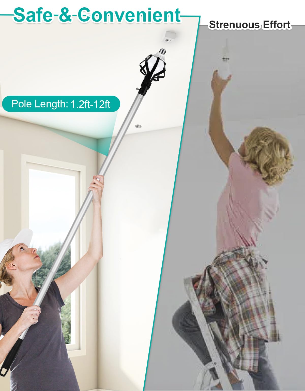 Yetolye Light Bulb Changer for High Ceilings, Lightweight Light Bulb Changer,High Reach Light Bulb Changer Reach up to 18FT,High Ceiling Light Bulb Changer with Pole-12FT Extension Pole
