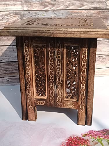 SUNDERSHALA Antique Wooden Square Shape for Adults Hand Carving Foldable Coffee Stool Indoor and Outdoor, Garden Patio Backyard (Brown, 12.76 x 12.68 x 5.55 inches)