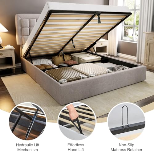 Jocisland Floating Queen Bed Frame with LED Lights, Upholstered Platform Bed with Adjustable Headboard, No Box Spring Needed, Easy Assembly, Light Grey
