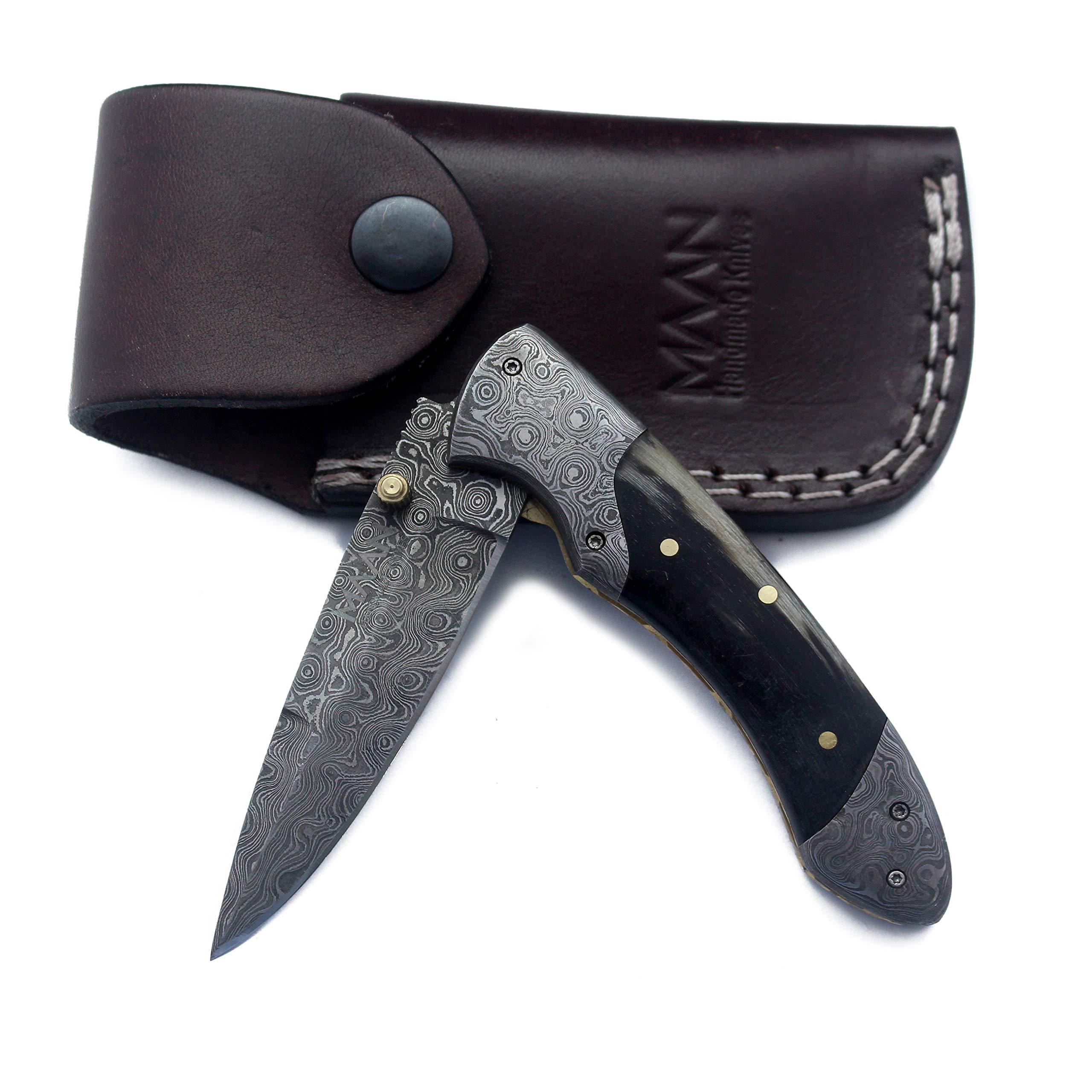 MAAN handmade Damascus Tactical Pocket Knife Sheep Horn Handle Damascus Steel Folding leather sheath Designed for hunting, survival gear & EDC MNK 302