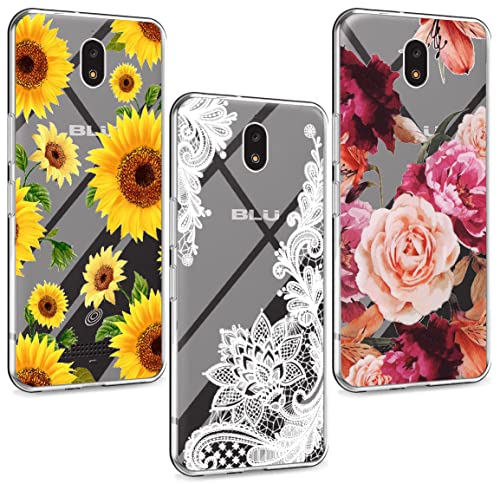 YJROP (3-Pack) for BLU View 2 Case, for BLU View 2 B130DL Case, Soft Clear TPU [Scratch-Resistant] Drop Silicone Bumper Protection Shockproof Phone Case Cover for BLU View 2 B130dl,Flower