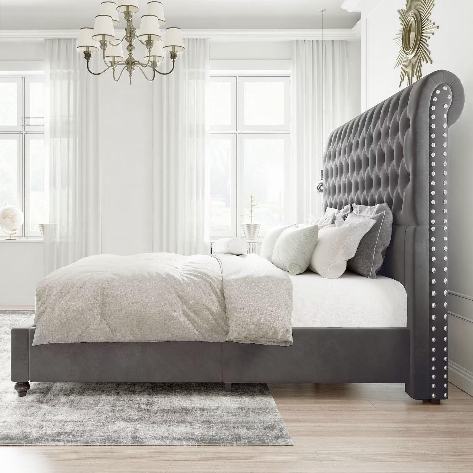 Jocisland Queen Bed Frame, Velvet Upholstered Platform Bed with Button Tufted 52.8" Tall Sleigh Headboard, No Box Spring Needed, Easy Assembly, Gray