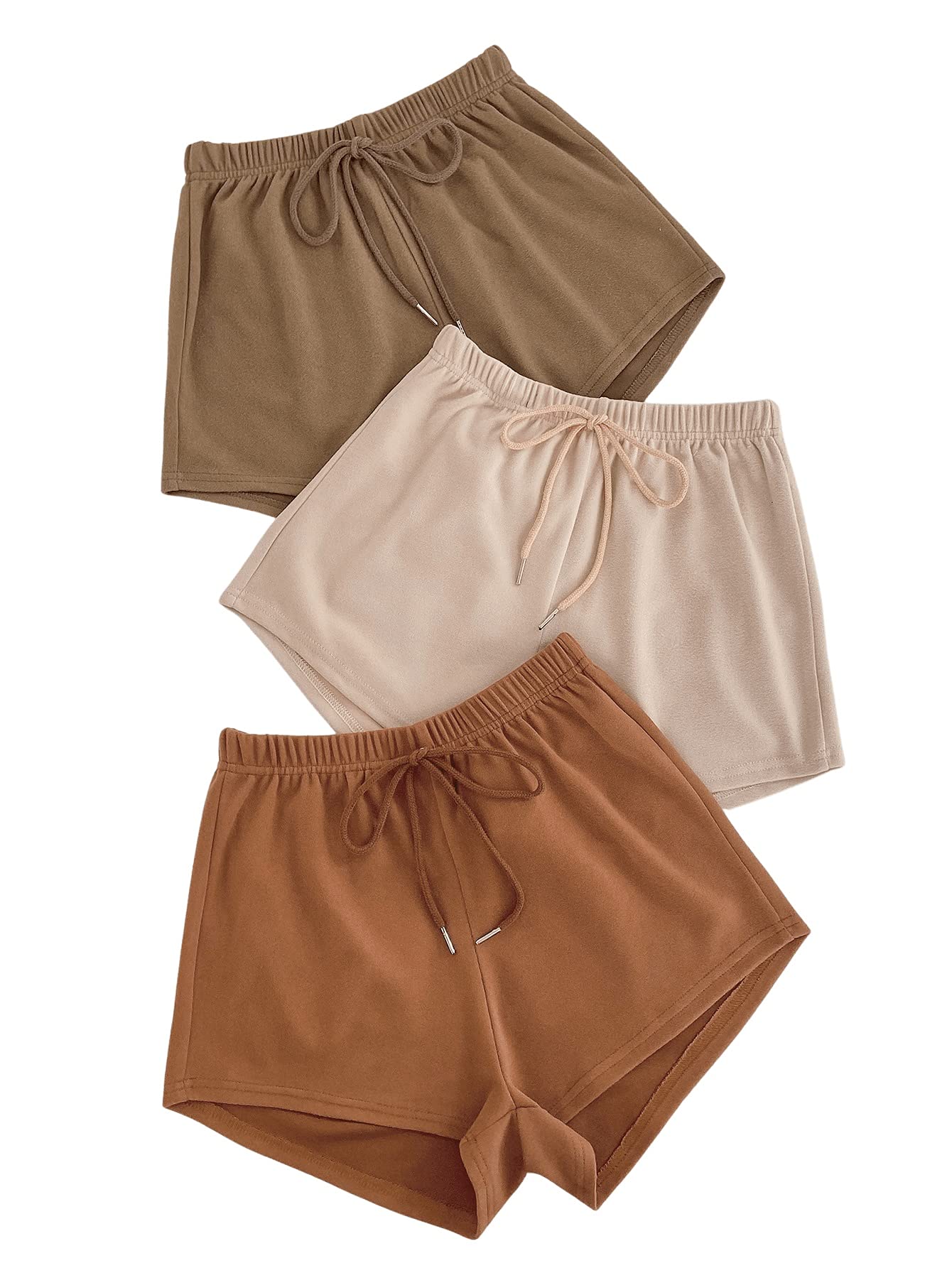 MakeMeChic Women's 3pack Elastic Waist Knot Front Lounge Track Shorts Brown Apricot Rust Brown S