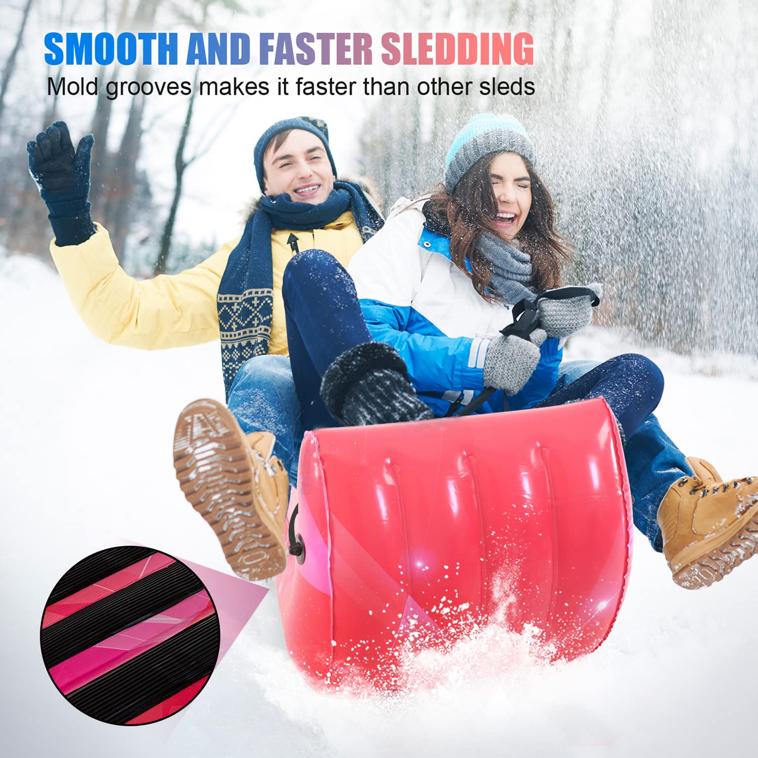LIFECHOIC 2 Pack Snow Sled, 60" Giant Inflatable Toboggans, Snow Tubes for Kids and Adults, Heavy Duty Winter Sledding, Snow Riders with Handles and 2 Pull Ropes