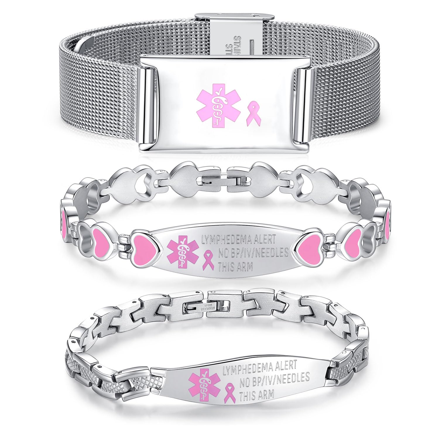 LinnaLove Lymphedema Alert Bracelets No Needle or BP Bracelets Stainless Steel Medical Bracelets for Women (Customize)