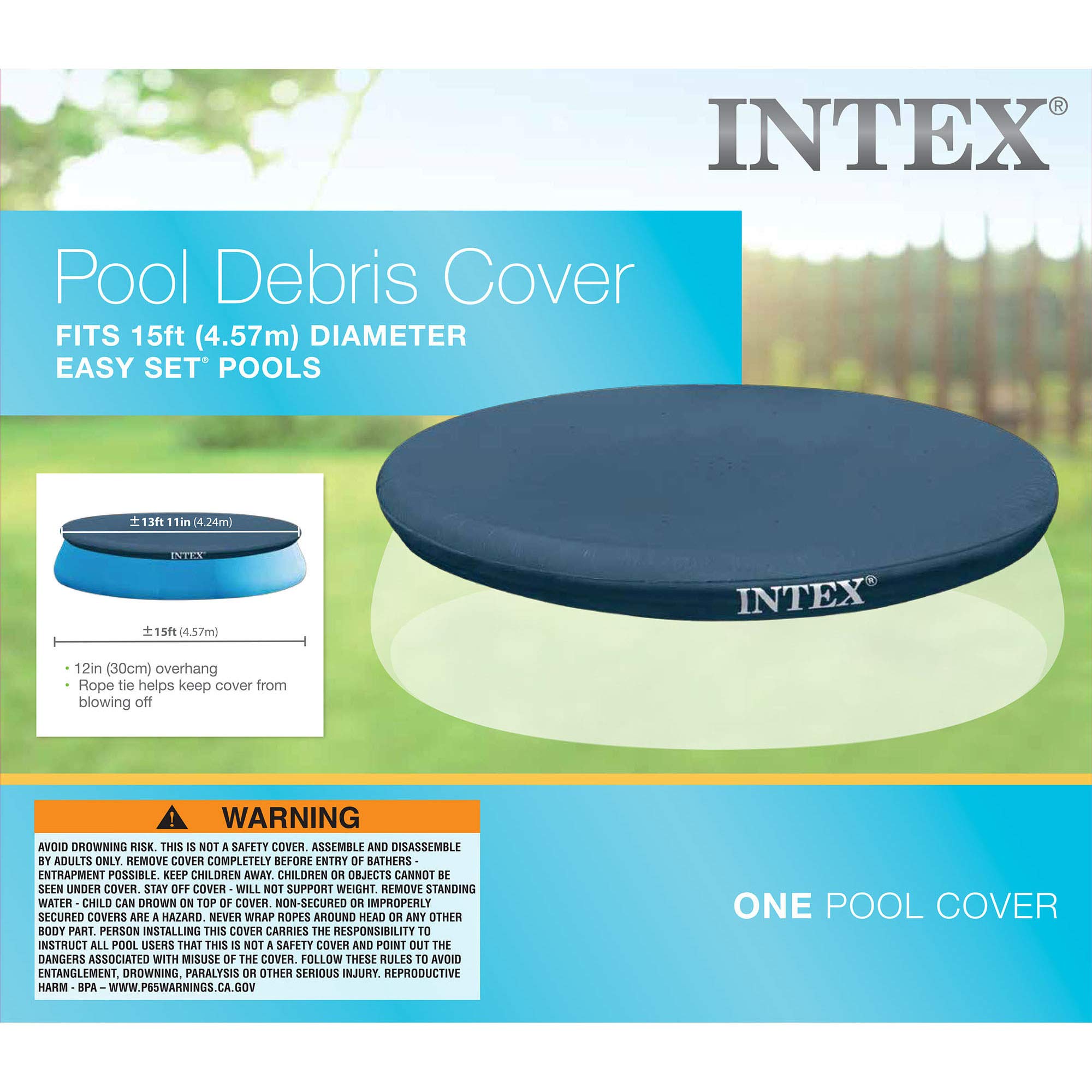 INTEX 28023E Pool Cover: For 15ft Round Easy Set Pools – Includes Rope Tie – Drain Holes – 12in Overhang – Snug Fit