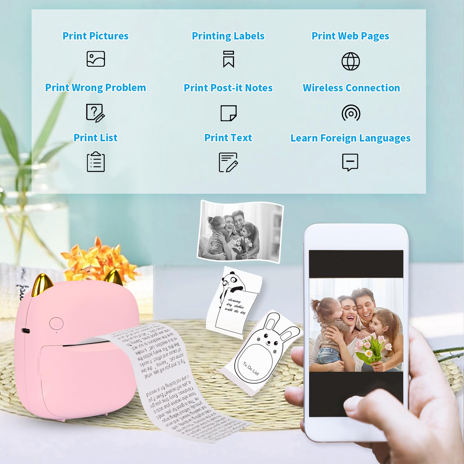 HuiJuKeJi Mini Inkless Sticker Printer Bluetooth Smart Pocket Thermal Printer with 10 Rolls Thermal Paper and 5 Pens, Sticker for iOS&Android, Portable Receipt Printer for Photo Journal Notes Memo