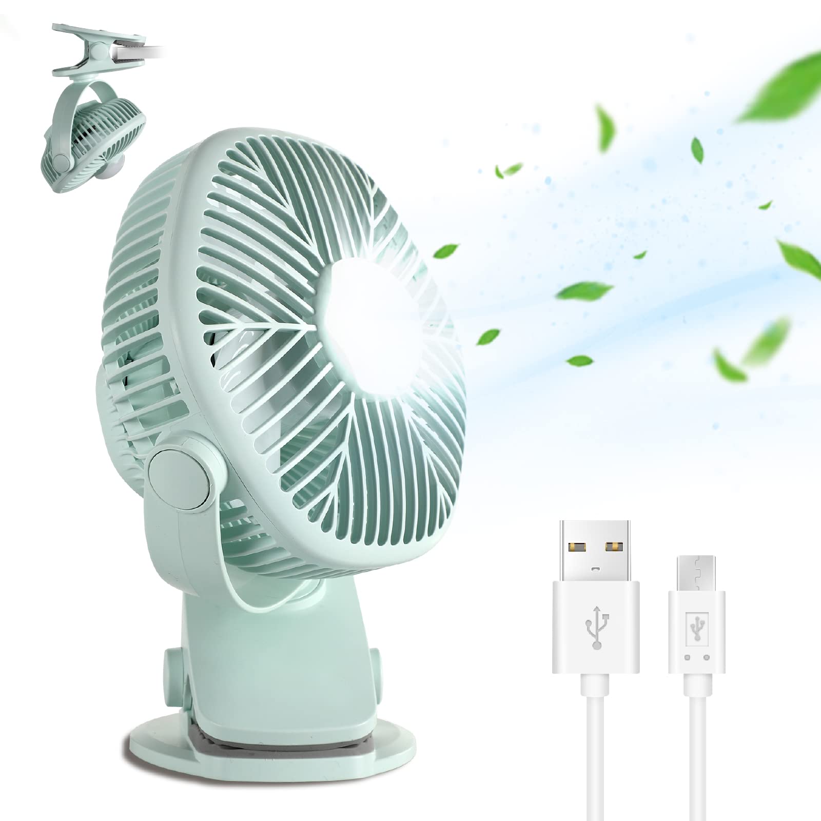 Portable Clip on Fan with LED Light - Battery Operated Fan, Small Rechargeable Powerful USB Desk Fan, 3 Speed Quiet Mini Table Fan, Rotate Personal Fan for Home Office Stroller Car Camping (Green)
