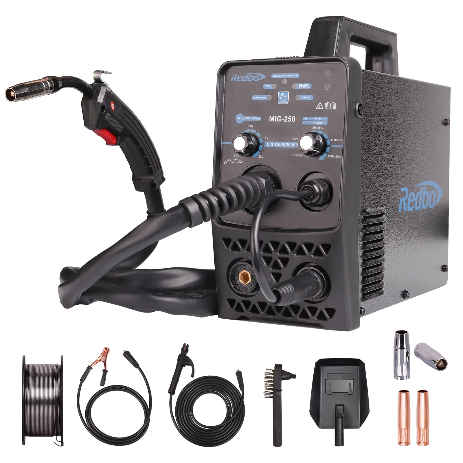 Redbo MIG-250 Gas/Gasless/Lift TIG/ARC 4 in 1 Multiprocess 130Amp Mig Welder,110V Household Small Pure Copper ARC MMA Stick Welder,Automatic Wire Feeding MIG Welding Machine