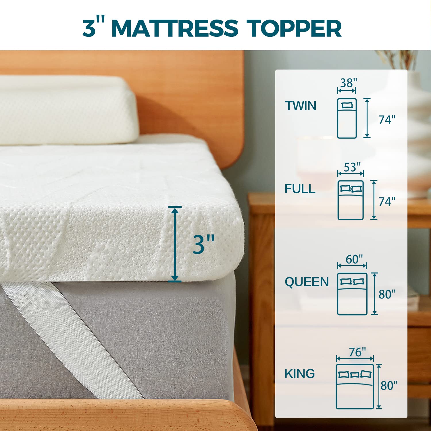 LINSY HOME 3 Inch Mattress Topper Twin Size, Memory Foam Mattress Pad with Removable Cover, CertiPUR-US Certified,