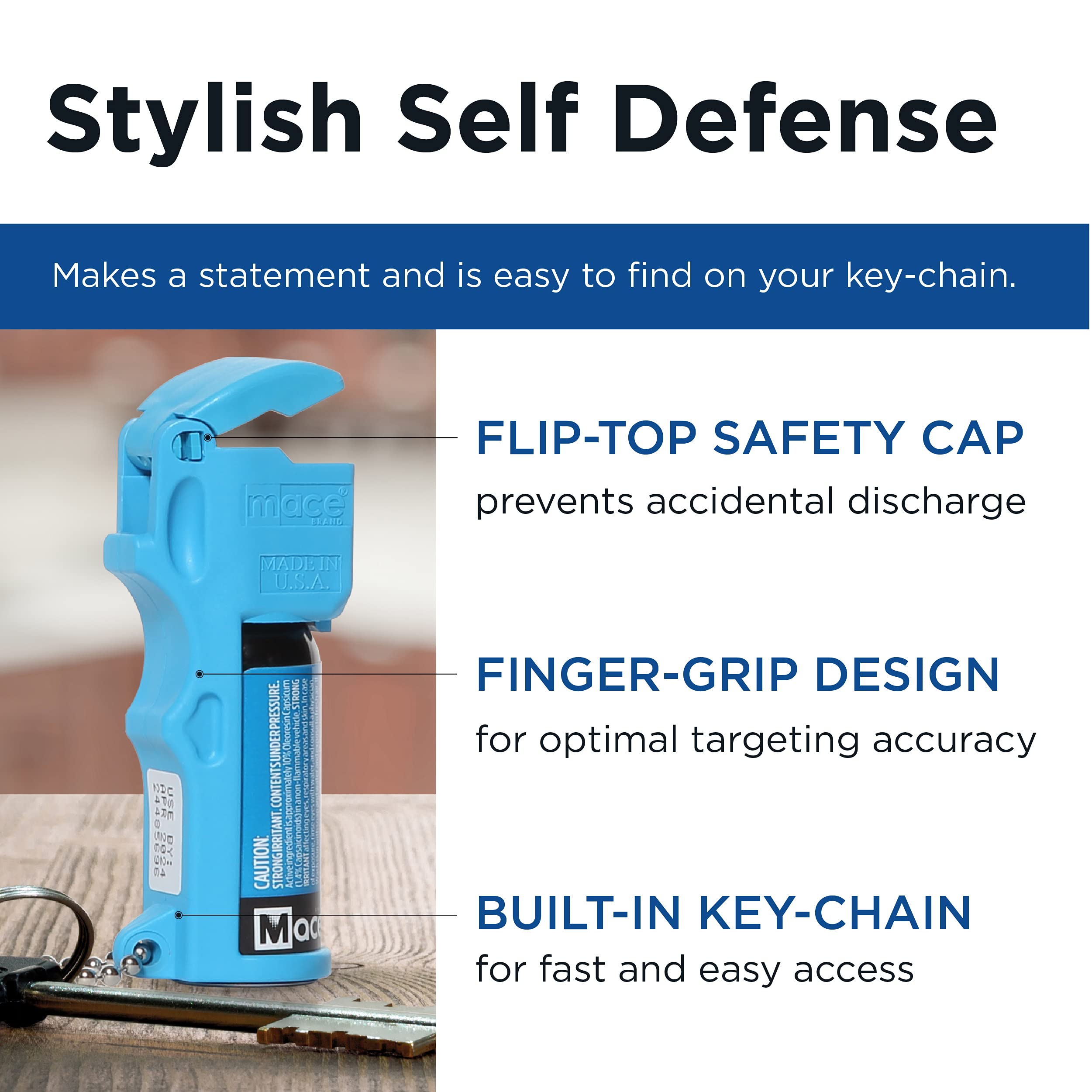 mace Brand Triple Action Pocket Pepper Spray (Neon Blue) β 10β Pepper Spray with 3-in-1 Formula, Flip Top Safety Cap, Leaves UV Dye on Skin β Self Defense Pepper Spray for Women, Made in The USA