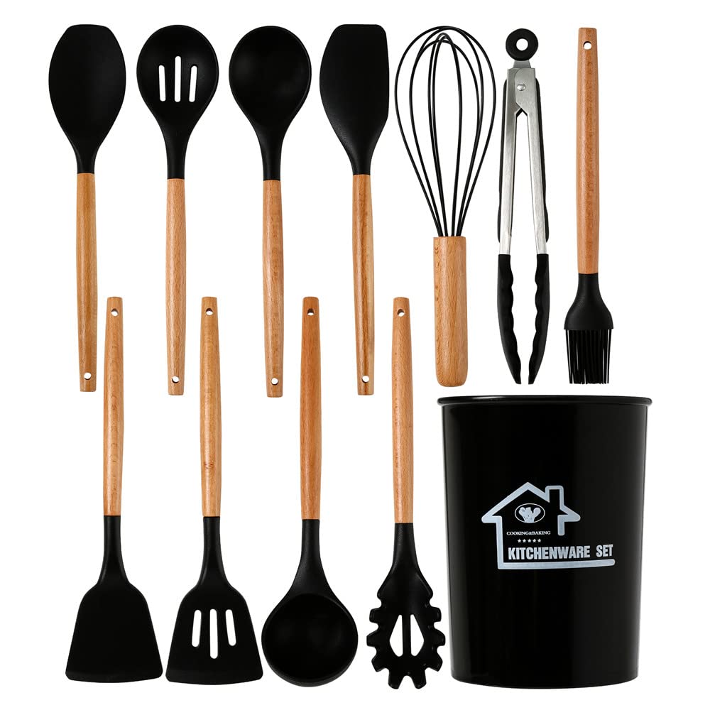 Kitchen Silicone Cooking Utensils Set with Wooden Handle. 446°F Heat Resistant, BPA free, Dishwasher Safe Non-Stick Silicone Kitchen Gadgets Cookware Set(12pcs Set) (White)