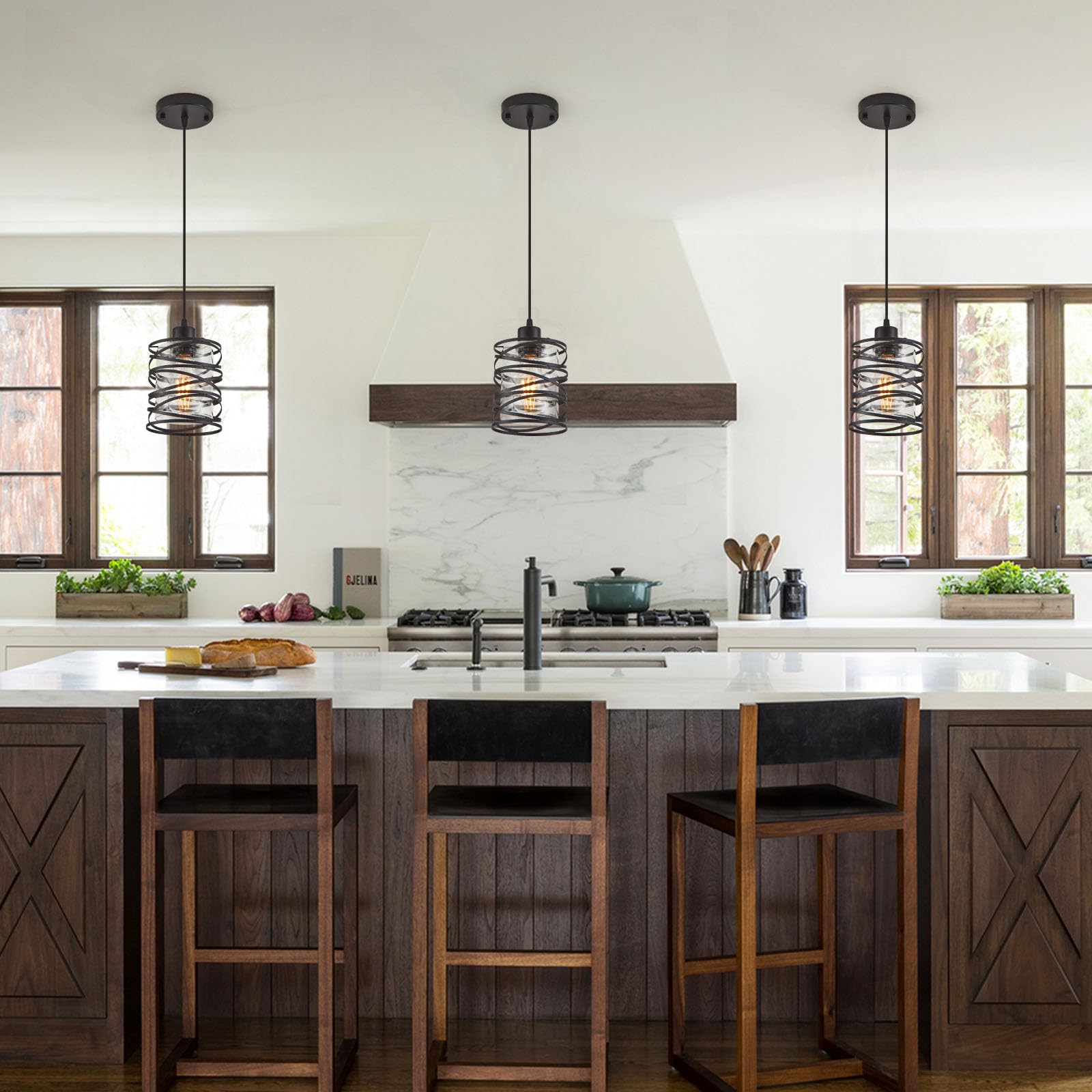 Industrial Pendant Lighting, Black Pendant Light Fixtures Ceiling Light, Adjustable Hanging Light Fixtures, Modern Clear Glass Shade Pendant Lighting, For Kitchen Island, Dining Room, Corridor