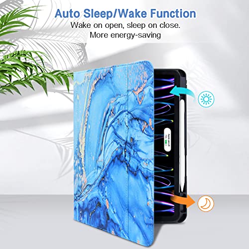 Zonefoker for New iPad Pro 12.9 Case 6th/5th/4th/3rd Generation 2022/2021/2020/2018, 12.9 inch ipad Pro Leather Folio Cover with Pencil Holder, Multi-Angle Viewing Stand, Auto Wake/Sleep, Marble Blue