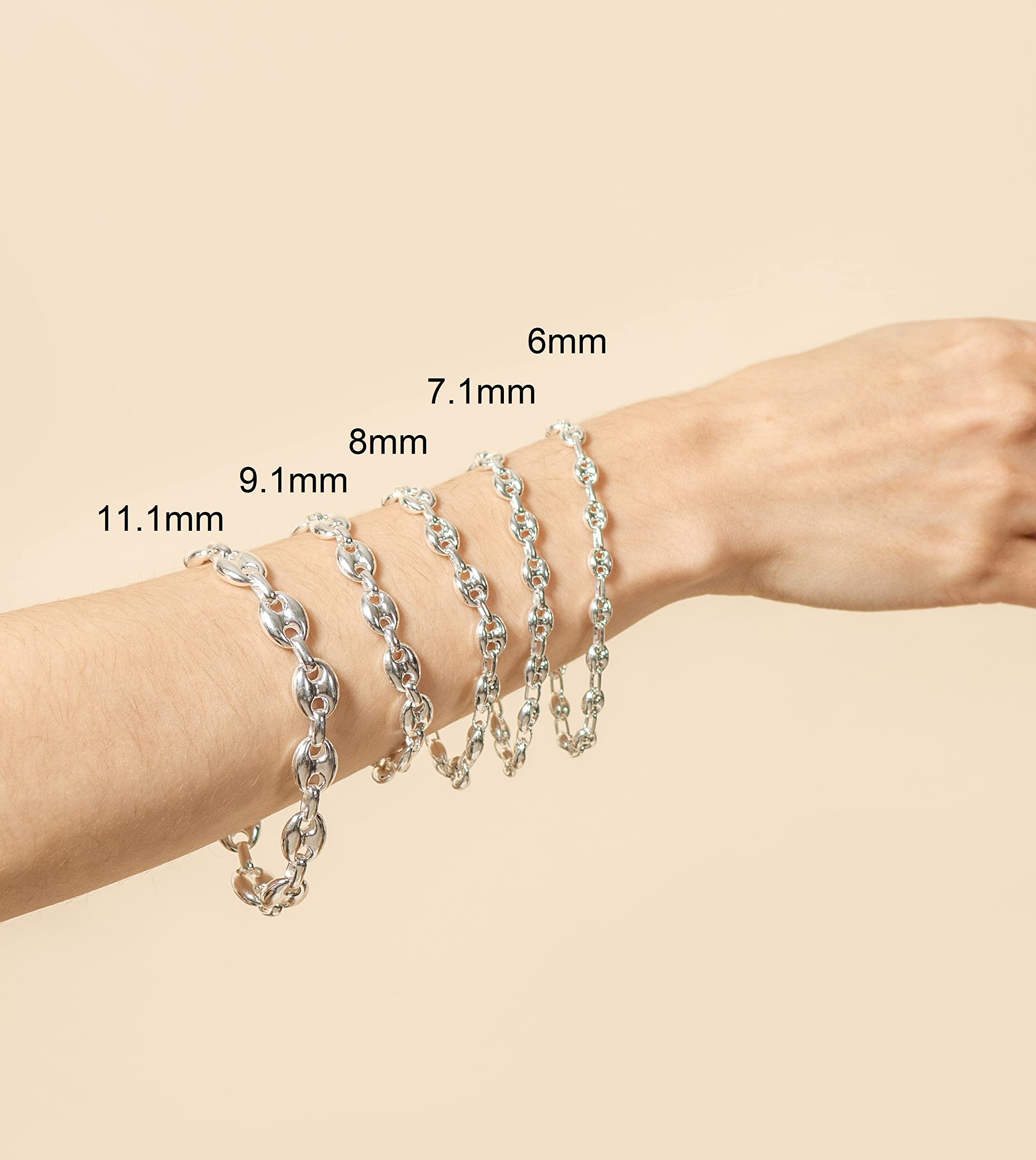 Olive & Chain 925 Sterling Silver Puffed Mariner Link Chain Bracelet, Hypoallergenic, Lobster Clasp Closure, Unisex Men’s Women’s