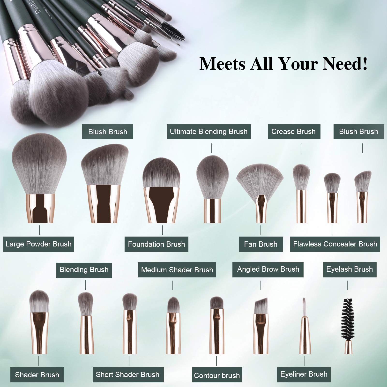 Makeup Brushes, Daubigny 16Pcs Complete Green Premium Synthetic Makeup Brush Set with Professional Foundation Brushes Powder Concealers Eye shadows Blush Makeup Brush for Perfect Makeup
