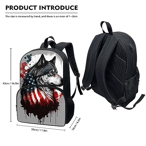 Vodetik American Flag Wolf Book Bag Kids School Backpack for Teens Girls Boys Smell Proof Bookbag with Side Pockets and Adjustable Shoulder Strap16.9x11.8x6.3 Inch