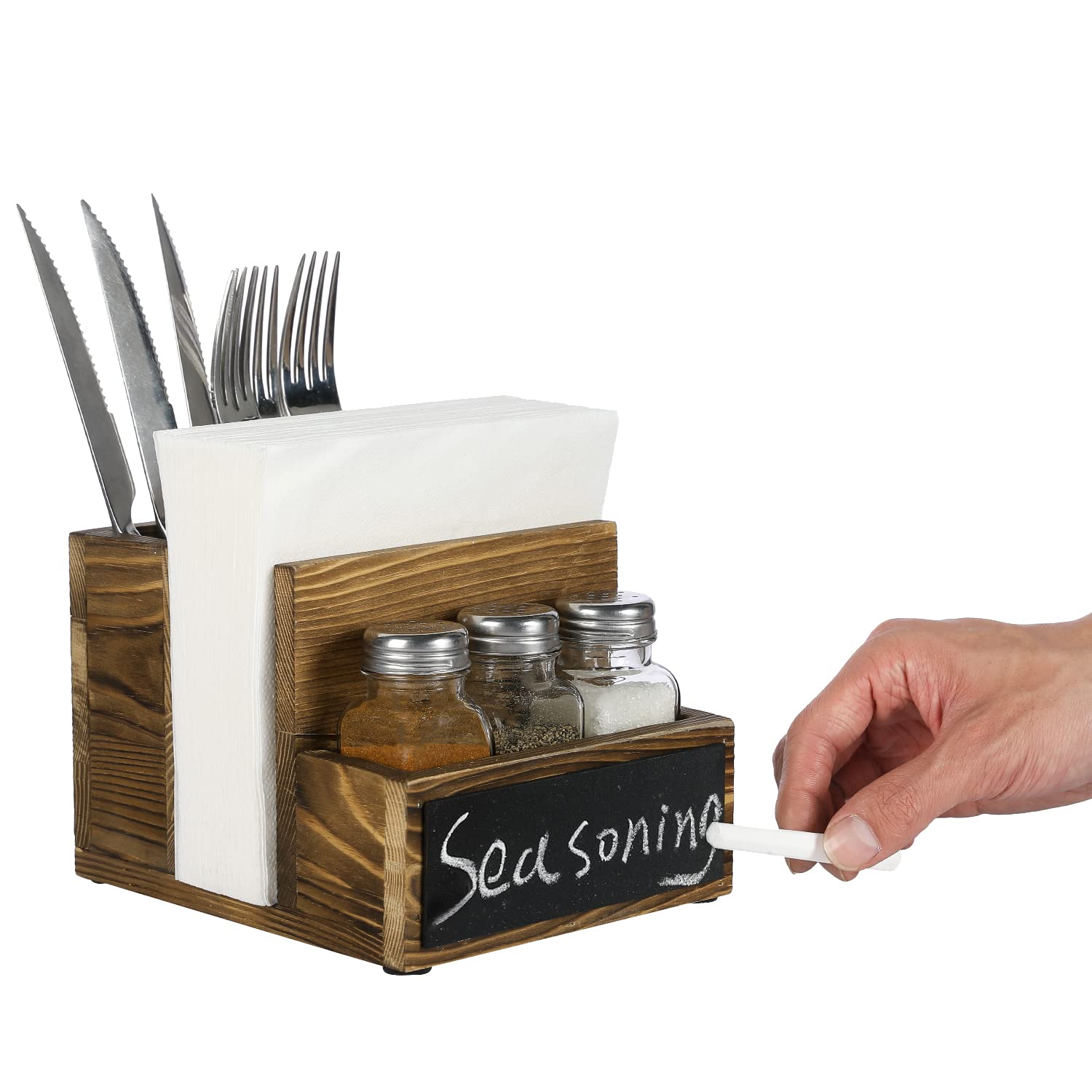 MyGift 4 Piece Set Rustic Brown Solid Wood Napkin and Salt & Pepper Shaker and Flatware Holder Caddy with 4 Compartments, 3 Seasoning Jar Bottles and Chalkboard Label