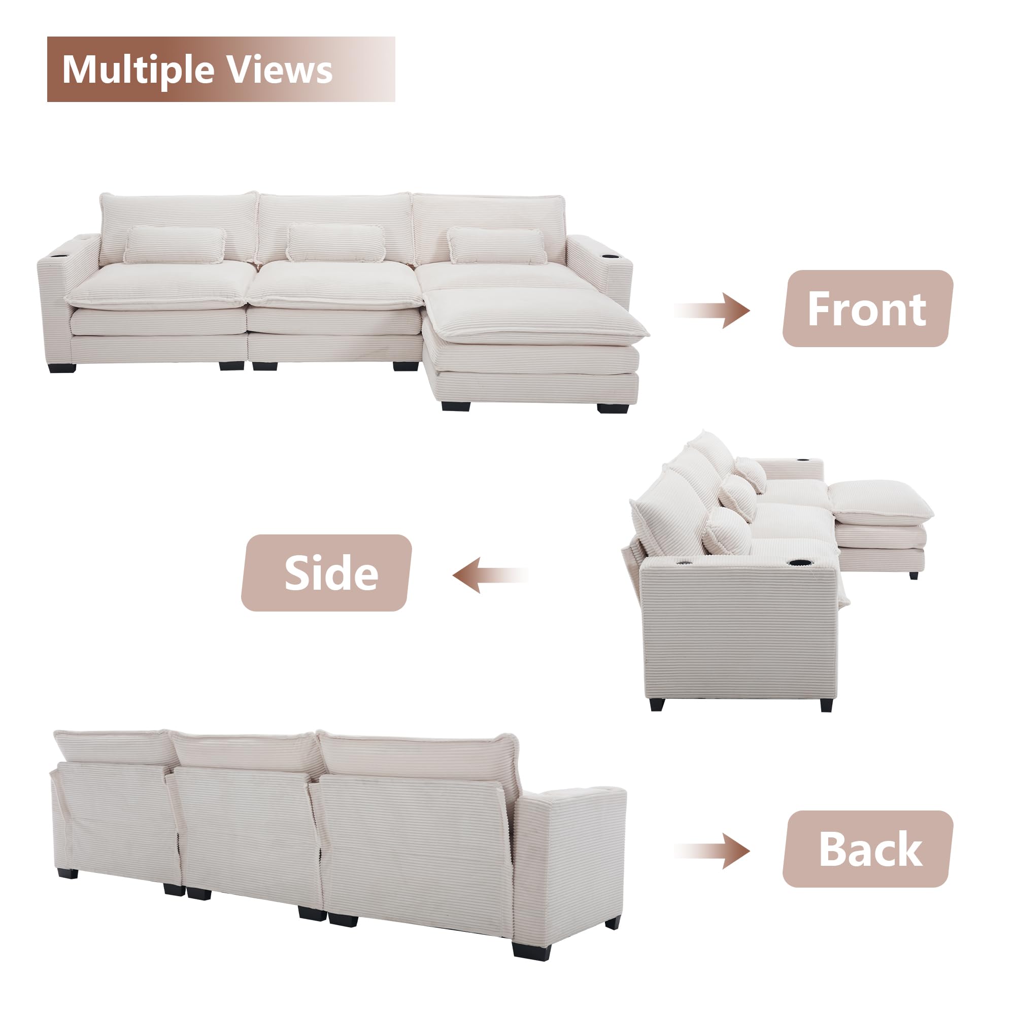 VEPXXP 117.7" Corduroy Sectional Couch, L-Shaped Sectional Sofa with Ottoman, 3 Seats Sofas with USB Cup Holders, Comfy Couches for Living Room, Apartment, Bedroom, Orange