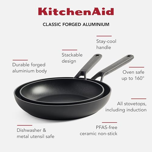 KitchenAid Classic Forged Hard Anodized PFAS-Free Ceramic Non-Stick, 20 cm, 24 cm and 28 cm Frying Pan Set, Induction, Oven Safe,Black