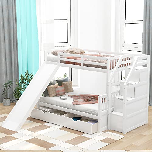 Twin Over Full Bunk Bed with 2 Drawers and Slide,Solid Wood Bunk Bed Frame with Convertible Storage Staircase for Kids, Teens Bedroom, Guest Room Furniture, No Box Spring Needed