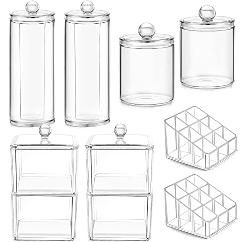 Zopeal 8 Packs Cotton Swab Holder Acrylic Bathroom Organizer Clear Plastic Apothecary Jar Makeup Organizers Bathroom Cosmetic Cotton Pad Holder Acrylic Stackable Cotton Ball and Swab Holder Organizer