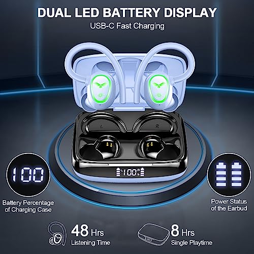 Wireless Earbud Bluetooth 5.3 Headphones Sport Earphones in Ear 48H Playback Stereo Noise Cancelling Earbud with Dual Mic LED Display, Over-Ear Earhooks Ear Buds IP7 Waterproof Headset for Running Gym