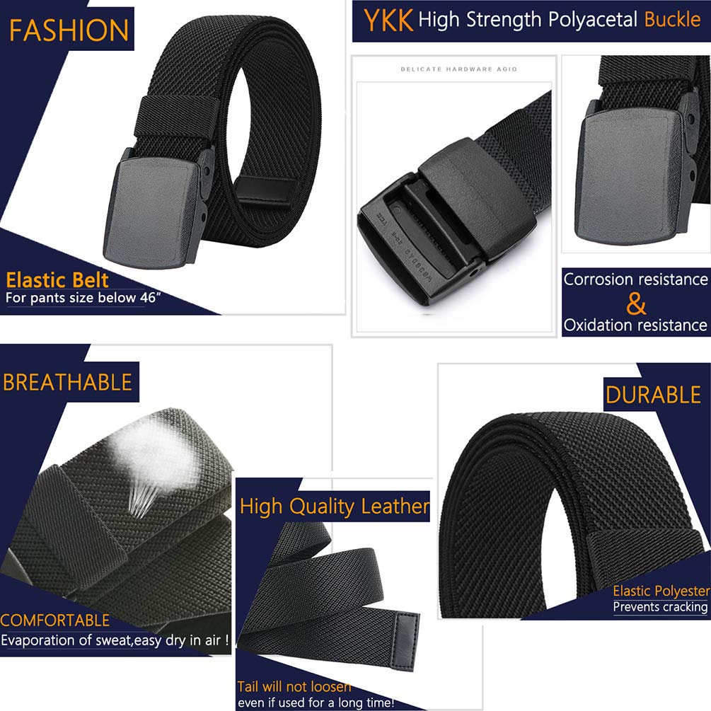 LionVII Men's Stretch Belts -Breathable Casual Web Belt for Men with No Metal Plastic Buckle for Work Sports, Adjustable [53" L x 1.5" W](Black)