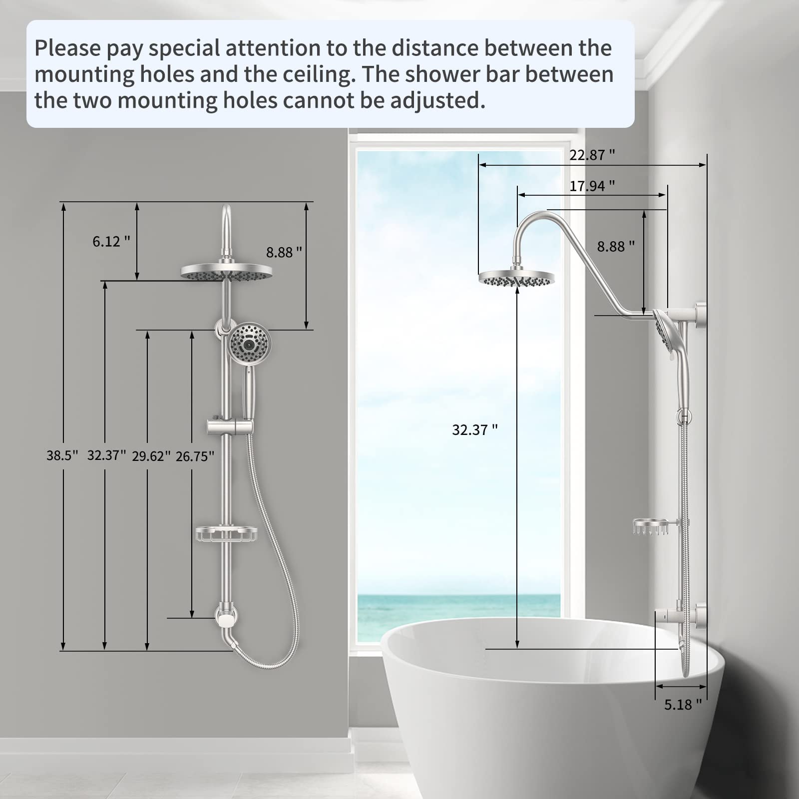 Shower System with 8" Rain Shower Head, 5-Function Shower Head with Handheld, Adjustable Slide Bar, 59" Stainless Steel Hose, Brushed Nickel