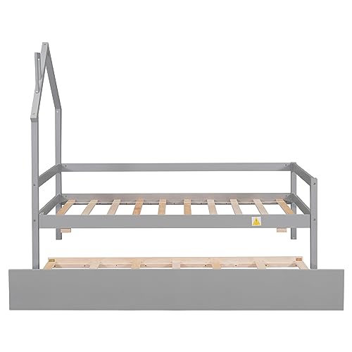 Twin Platform Bed with Trundle, Wooden House-Shaped Headboard Bed with Guardrails, Daybed Frame with Sturdy Slat Support for Kids Boys Girls Bedroom (Grey 06)