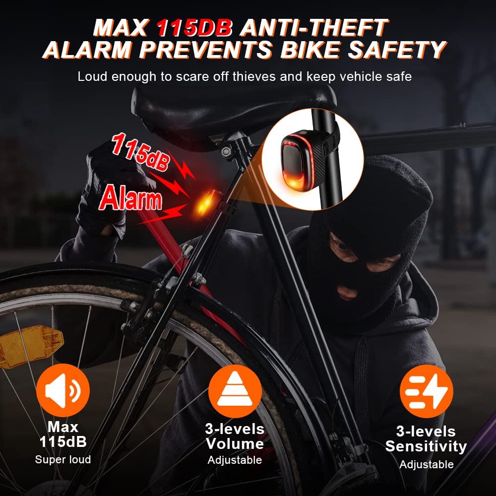 ONVIAN Bicycle Tail Lights with 115dB Bike Alarm 2 Remotes,USB Rechargeable Automatic Brake Sensing Rear Lights for Night Riding 4 Lights Modes IPX5 Waterproof Bike Hron Volume Sensitive Adjustable