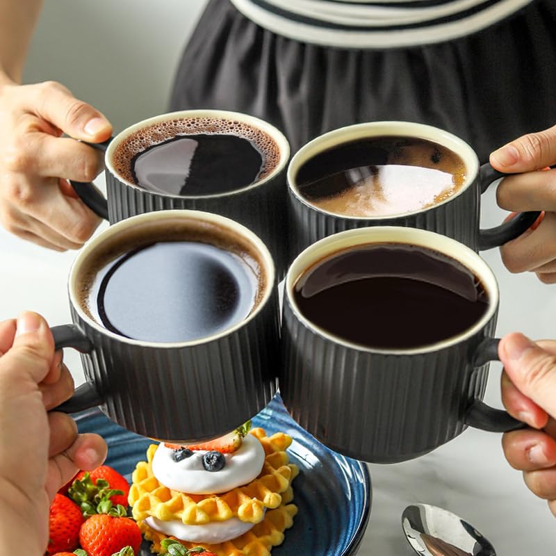 Hasense 15 OZ Stackable Coffee Mugs Set of 4 - Ceramic Embossed Coffee Cups Large Porcelain Restaurant Drinking Cups with Rack Perfect for Coffee, Tea, Cocoa, Milk and Latte, Green