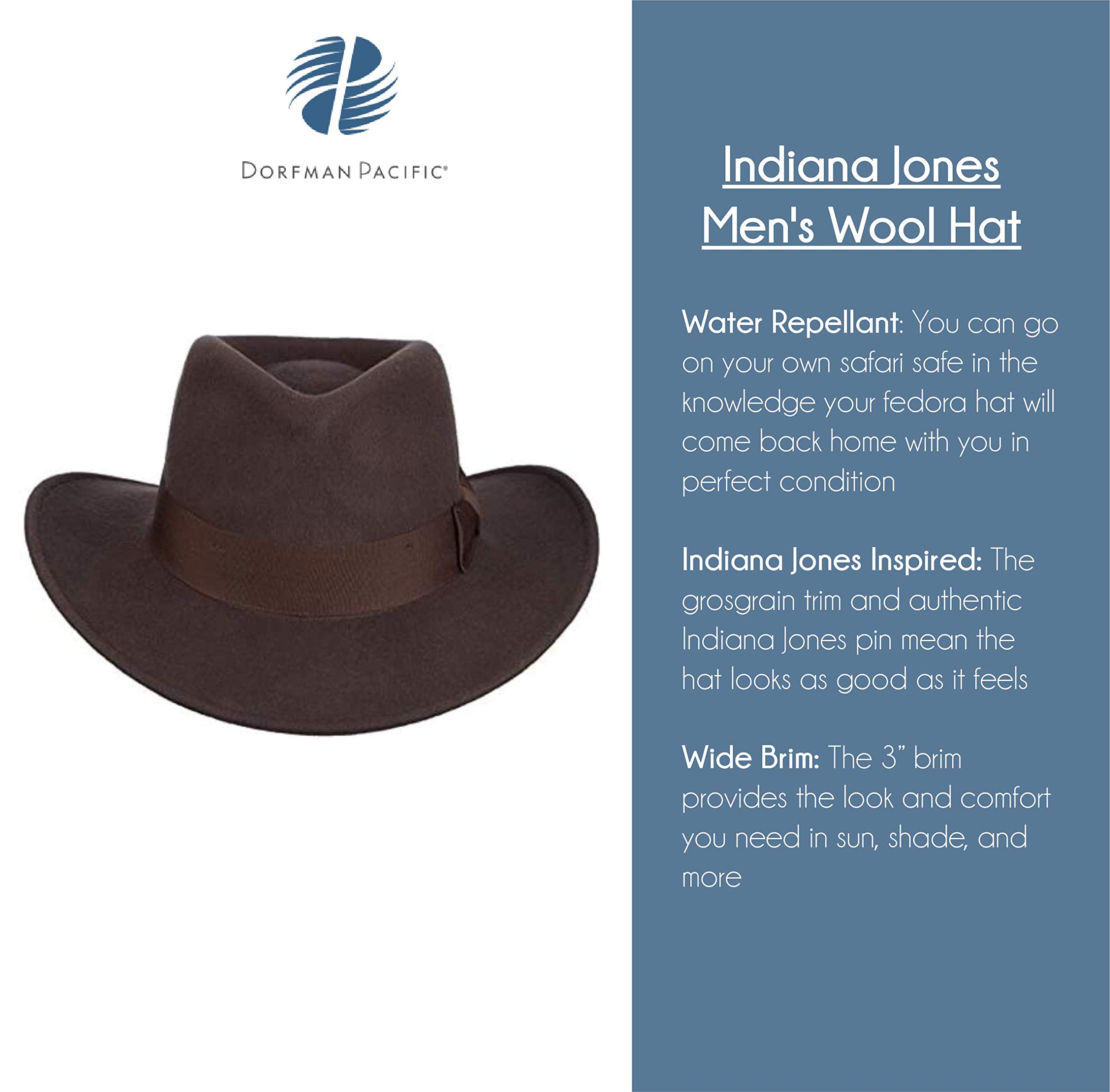 Indiana Jones Men's Water Repellent Wool Felt Fedora, Brown, Large