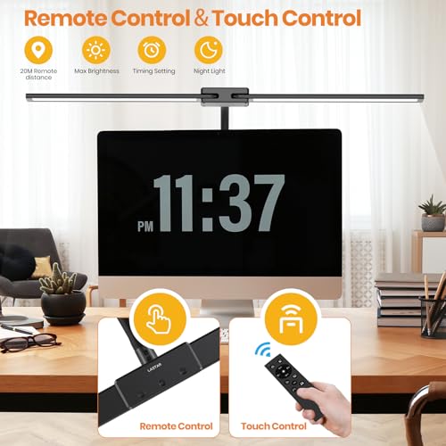 LASTAR LED Desk Lamp with Remote Control & 32.5" Wide Double Head, Architect Desk Lamp for Home Office with Clamp, Timer, 24W Ultra Bright Gooseneck Desk lamp for Computer Reading, Black