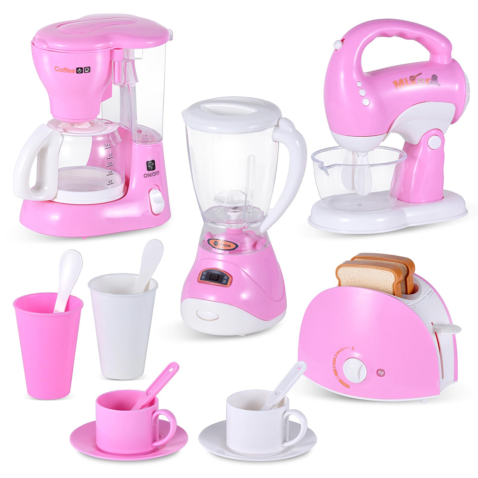 Kitchen Appliances Toys, Play Kitchen Accessories Set for Kids, Pretend Kitchen Toys, Coffee Maker, Blender, Mixer, Toaster with Realistic Light and Sounds, Toy Kitchen Set for Kids Ages 3+ (Pink)
