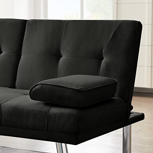 Twin Size Linen Upholstered Modern Convertible Folding Futon Loveseat Sofa Sleeper Bed 2 Seaters Recliner Couch with Cup Holders for Compact Living Space, Apartment, Dorm,w/3 Adjustable Angles