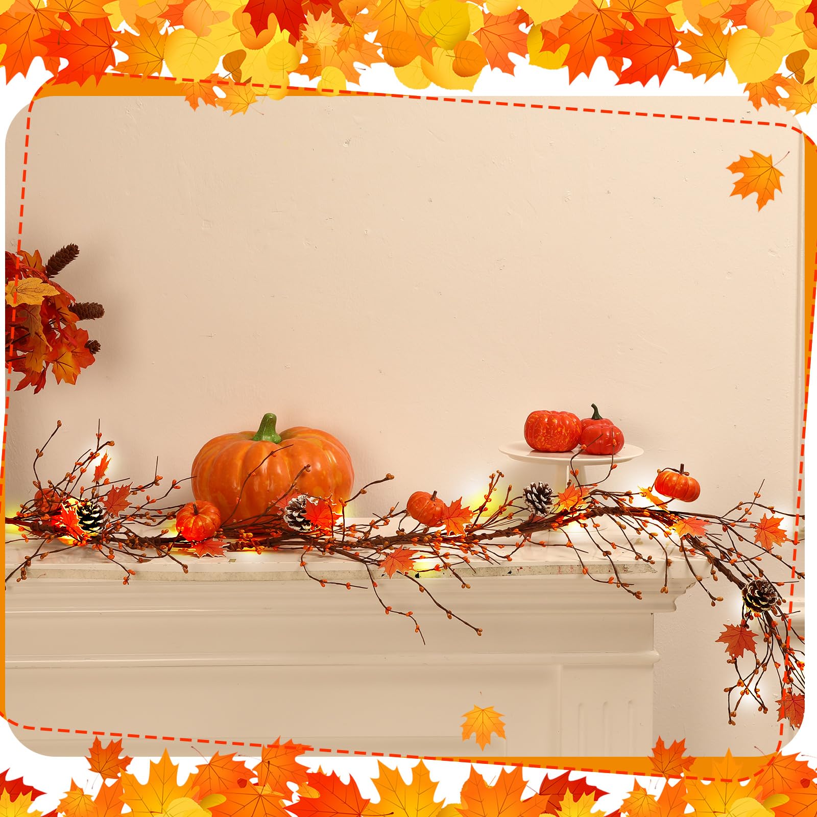 VercanMonth 5ft Fall Garland Pumpkin with 30 Lights Thanksgiving Vine with Maple Leaf Pinecone Garland Berry Orange Artificial Fall Decoration Garland for Mantle Fireplace Table Autumn Harvest Decor