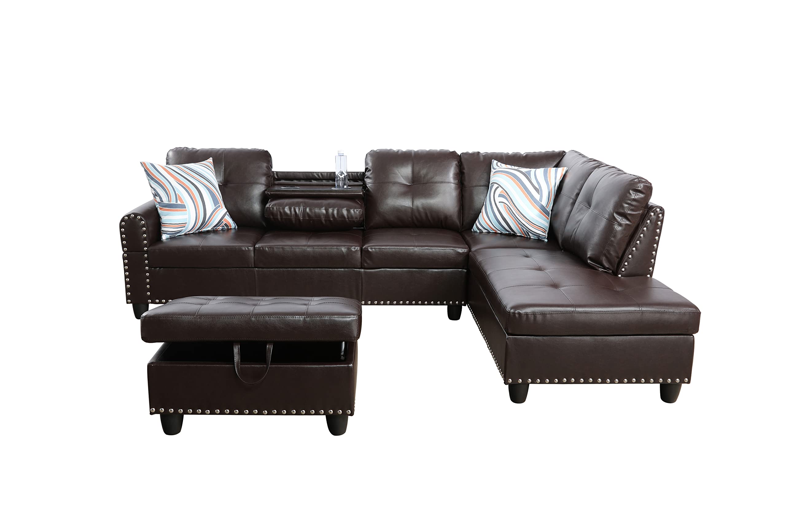 VURAX 3-Piece Faux Leather Sectional Sofas with Left Chaise Longue and Storage Ottoman, Button Tufted Upholstered Couch Set, for Living Room, Home, Office, 97inch, Dark Brown 1