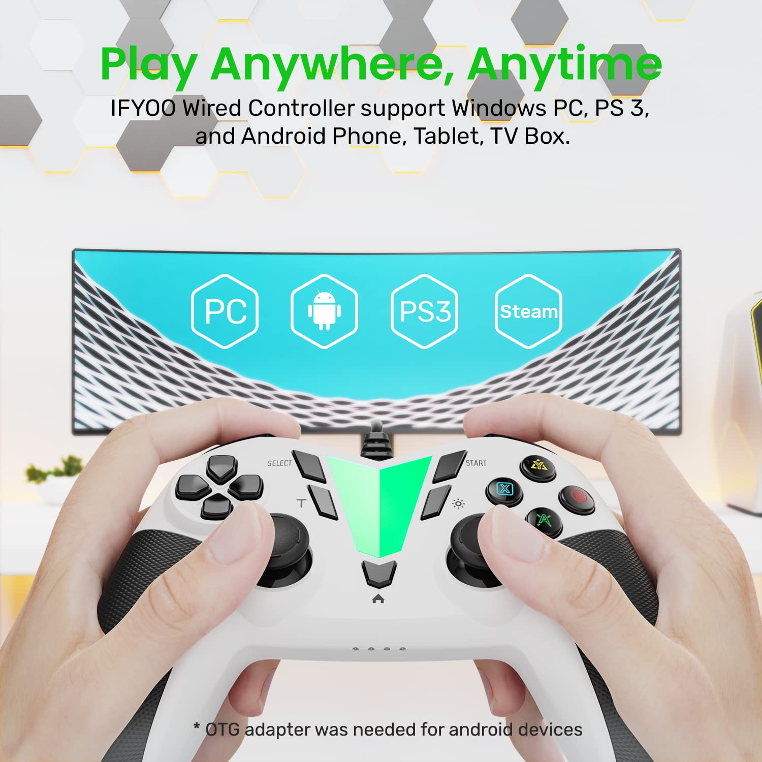 PC Steam Game Controller, IFYOO ONE Pro Wired USB Gaming Gamepad Joystick Compatible with Computer/Laptop(Windows 11/10/8/7/XP), Android(Phone/Tablet/TV/Box), PS3 - White&Black, 2x White Joystick Caps
